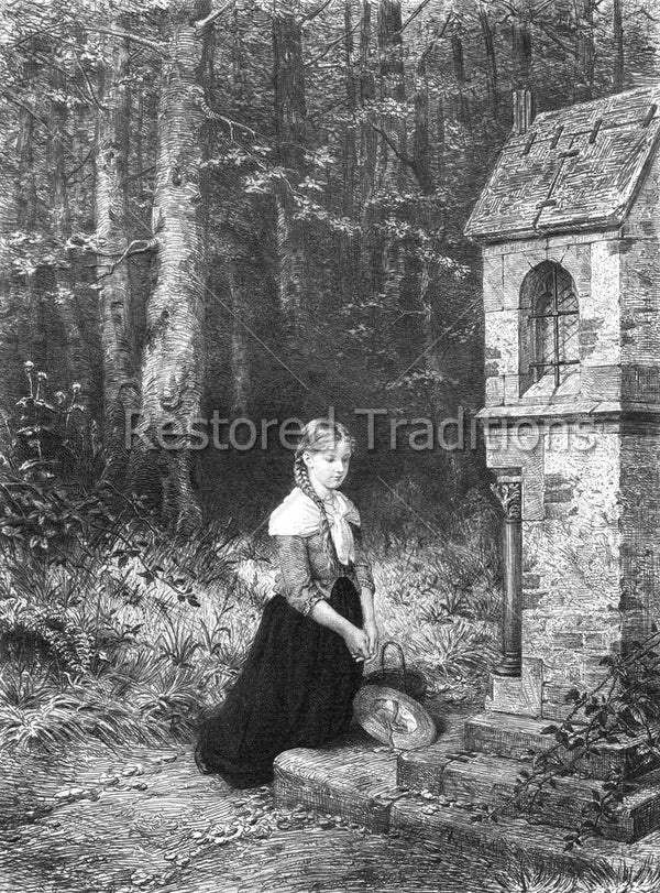 High-Res. Image | Catholic Girl Praying at Shrine in Forest - Restored ...