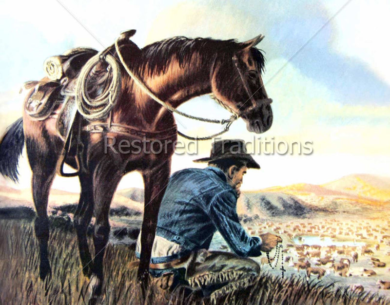 Catholic Cowboy Praying Rosary, Watching Herd | Stock Art - Restored ...